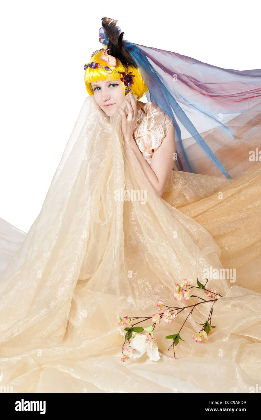 The beautiful girl the princess in a fabric isolated on white Stock ...