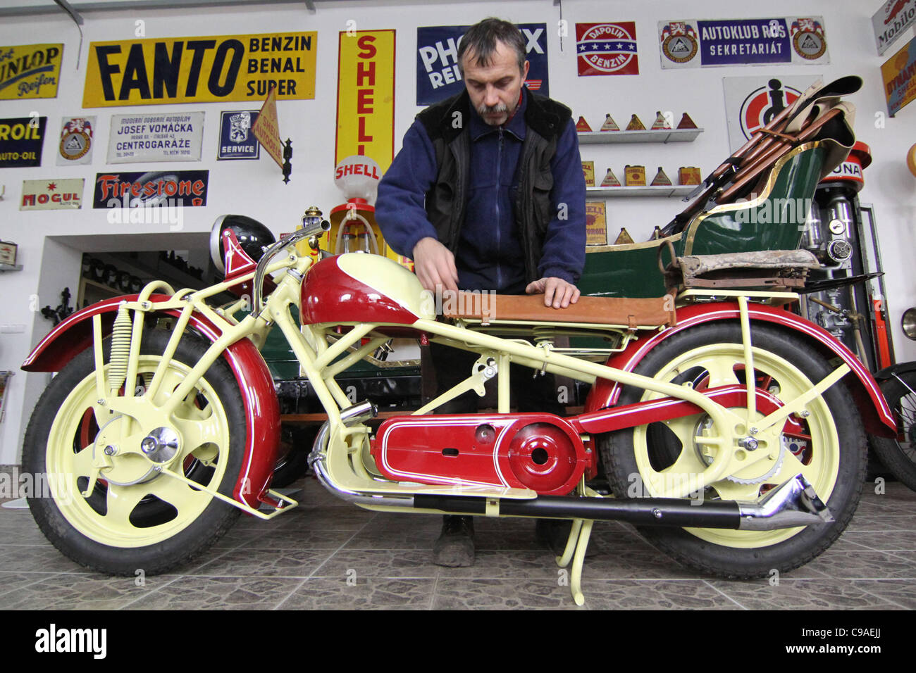 Jan Drozd pictured with nearly reconstructed motorcycle Cechie or ...