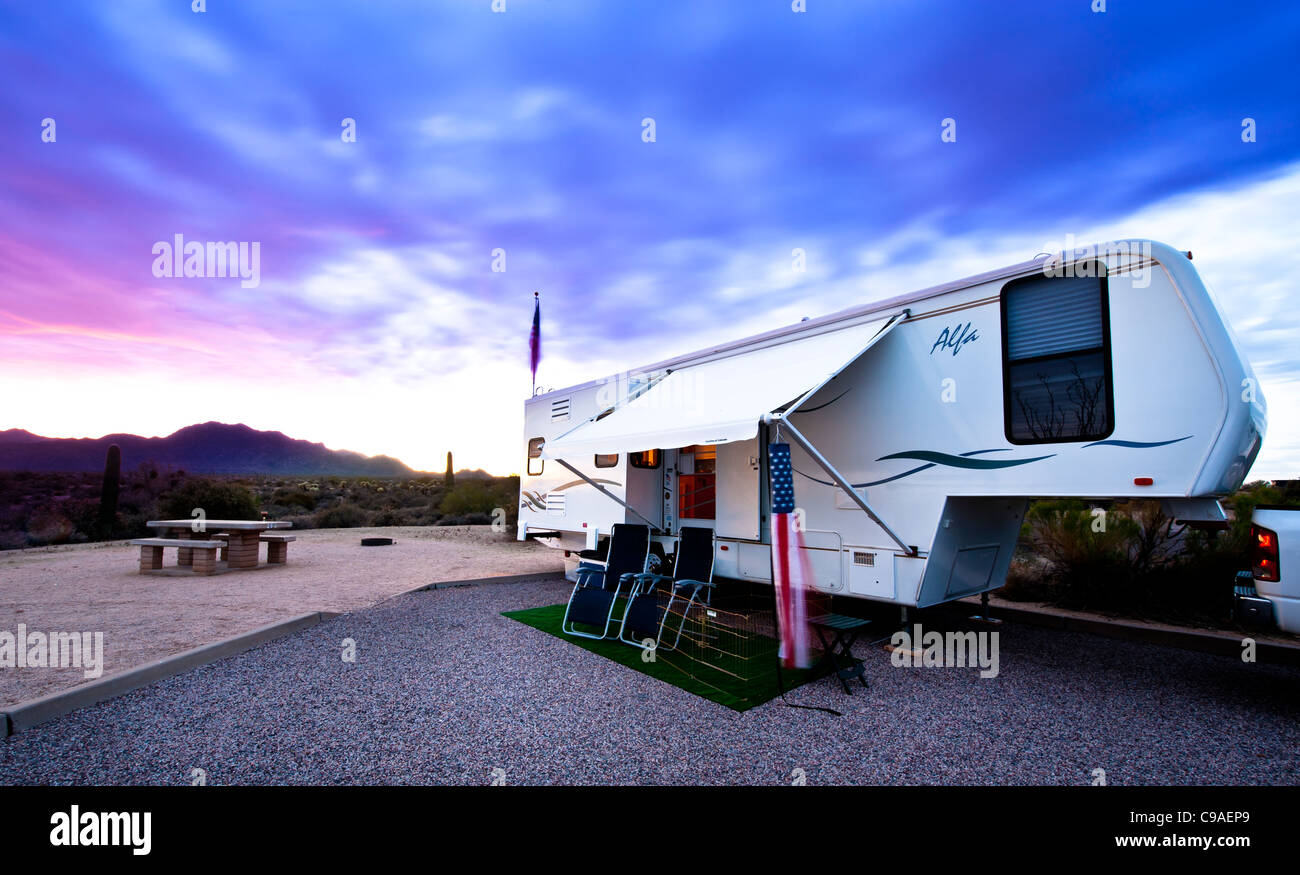 Camping with our 5th wheel trailer in Arizona Stock Photo - Alamy