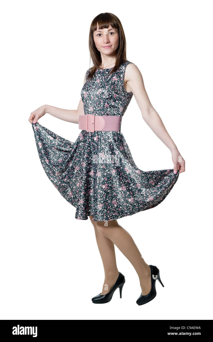 Women in flower pattern dress isolated on white Stock Photo - Alamy
