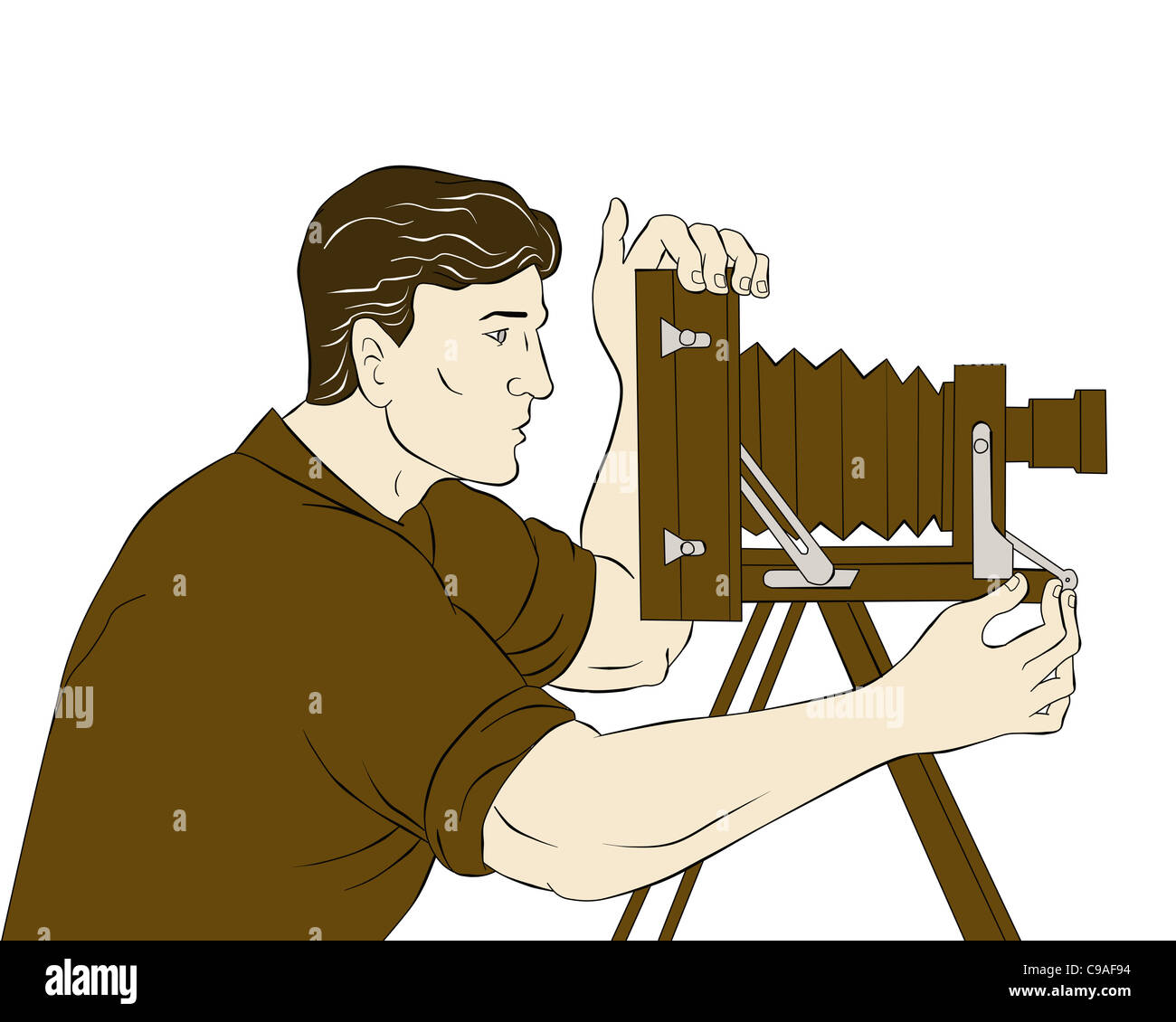 illustration of a Cameraman with vintage camera shooting side view done ...