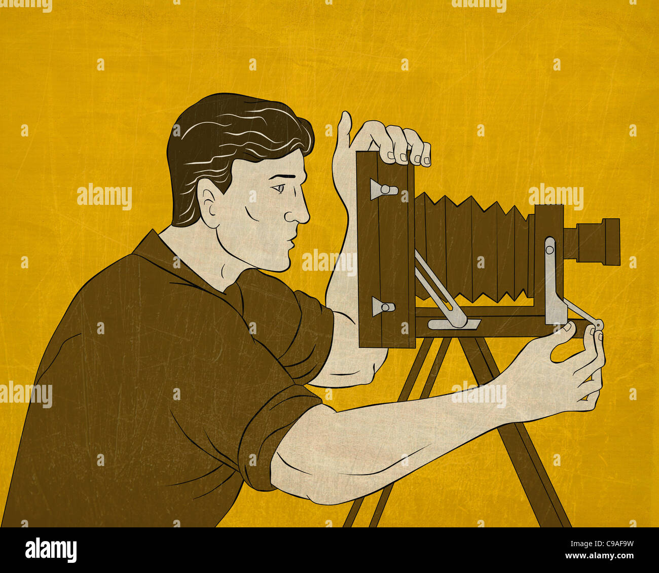 illustration of a Cameraman with vintage camera shooting side view done ...
