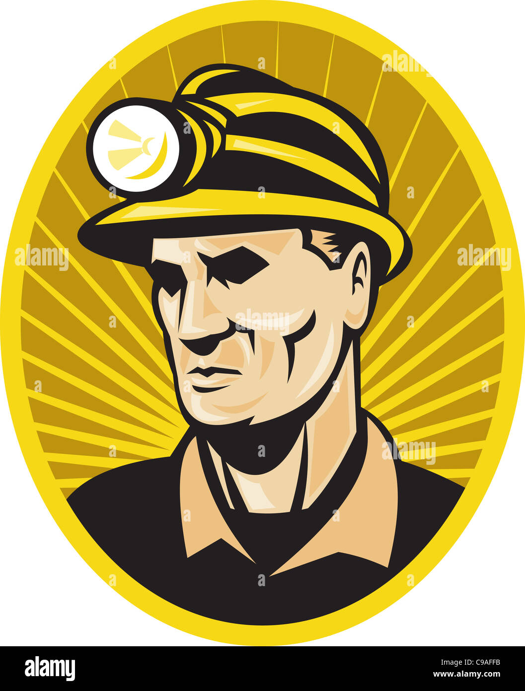 illustration of a coal miner with hardhat facing front set inside oval ...
