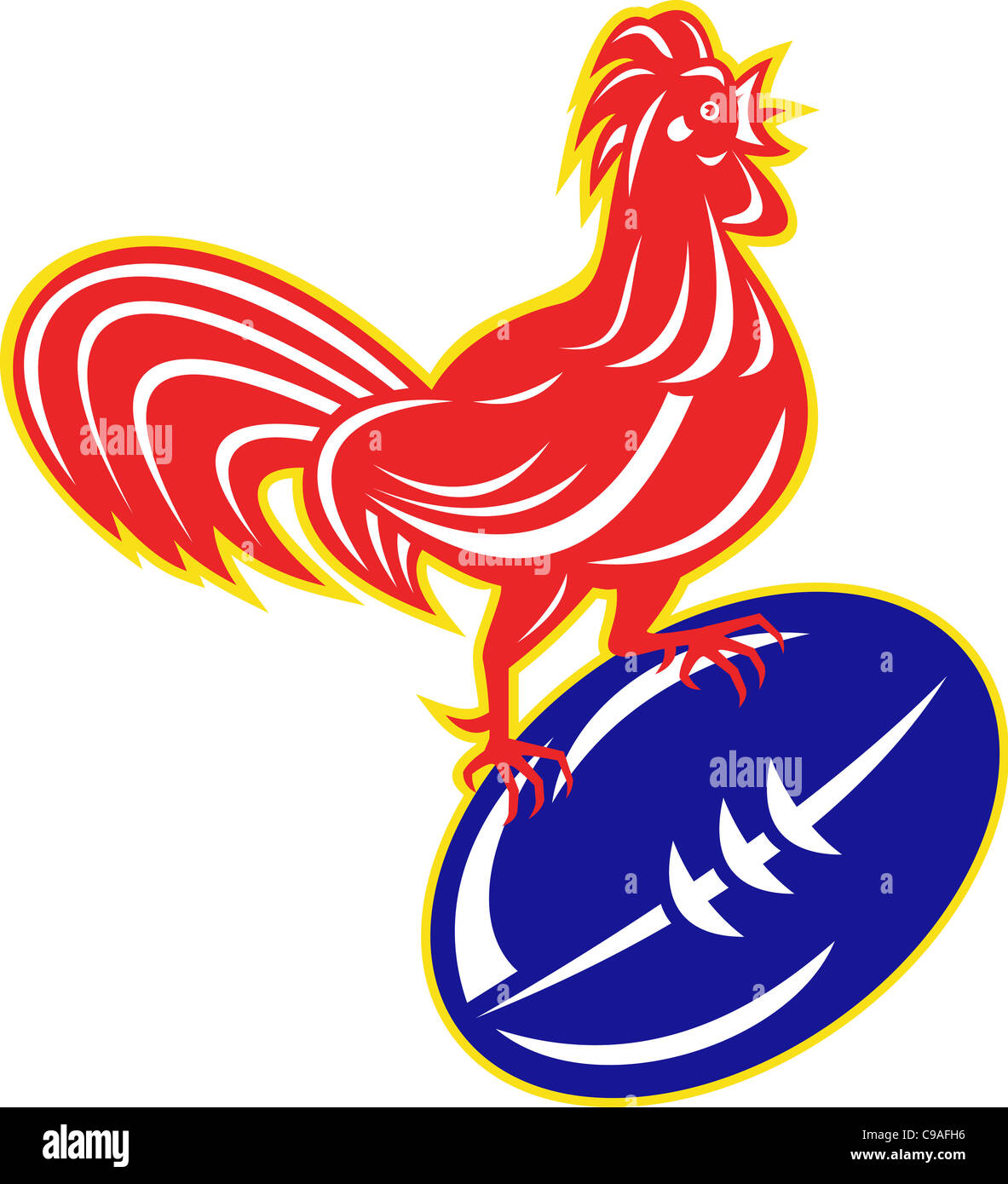 illustration of a rooster cockerel on top of rugby ball on isolated ...