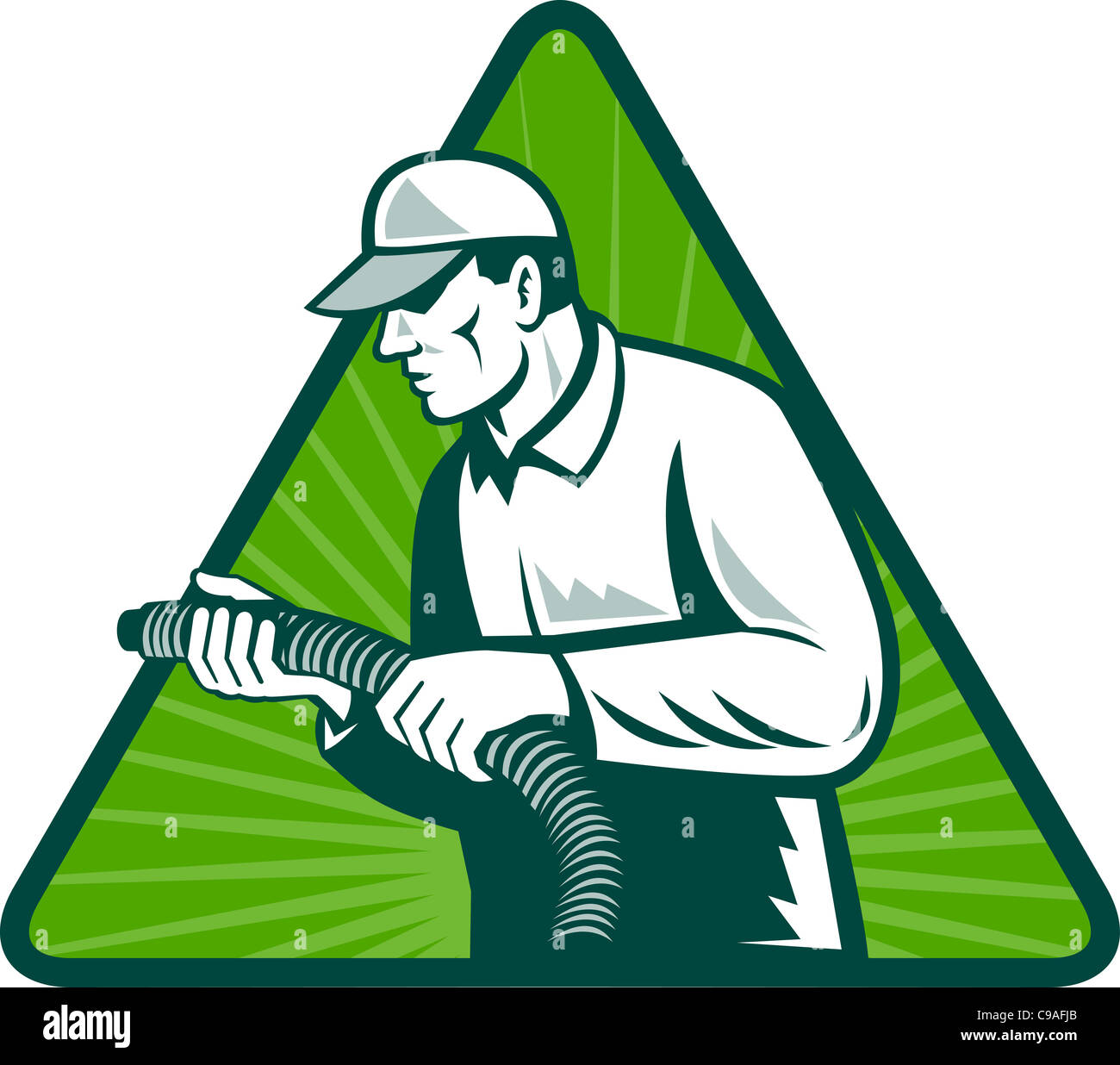 illustration of a tradesman home insulation technician holding a hose ...
