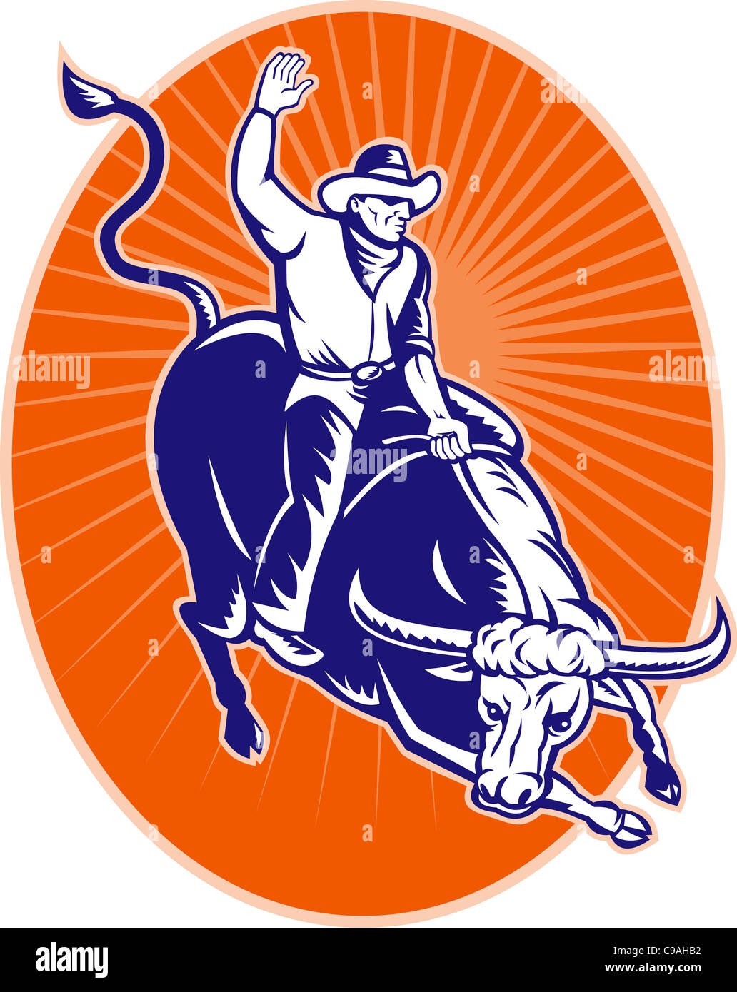 illustration of a rodeo cowboy riding bucking Texas longhorn bull done ...