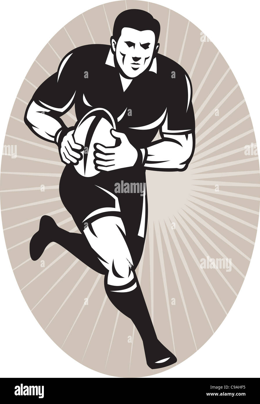 illustration of a Rugby player wearing all black running with ball ...
