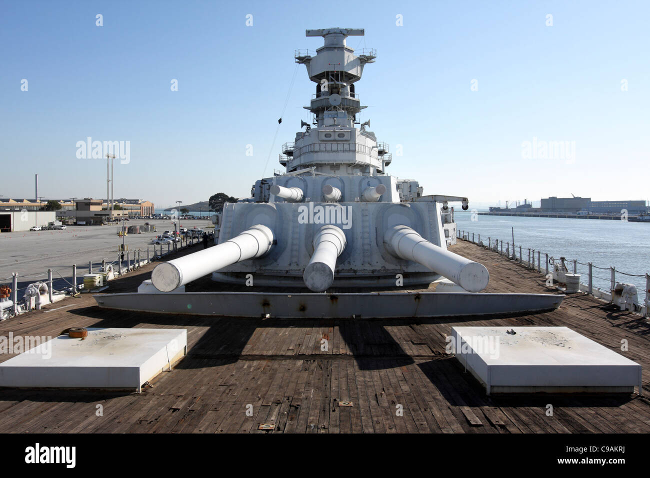 Forward gun turrets on the USS Iowa and the 6-16 inch guns Stock Photo ...