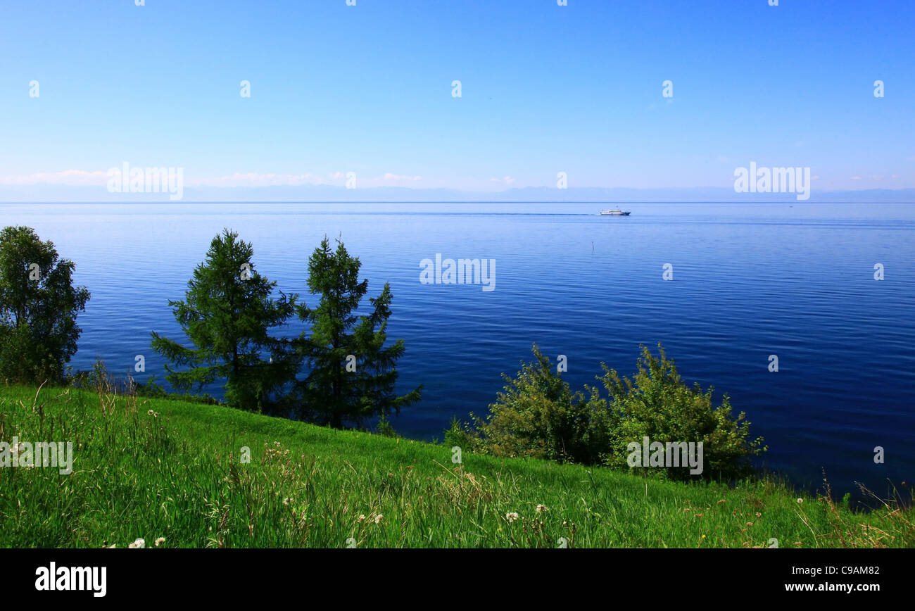 Lake Baikal, summer. Ship in the middle of the Lake Baikal Stock Photo ...