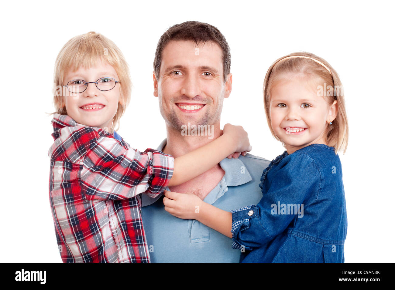 father with his two children looking at the camera, smiling - isolated ...