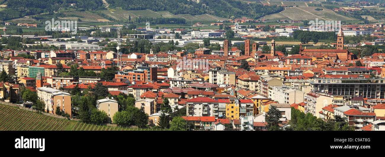 Aerial panoramic view on town of Alba against hills in Piedmont ...