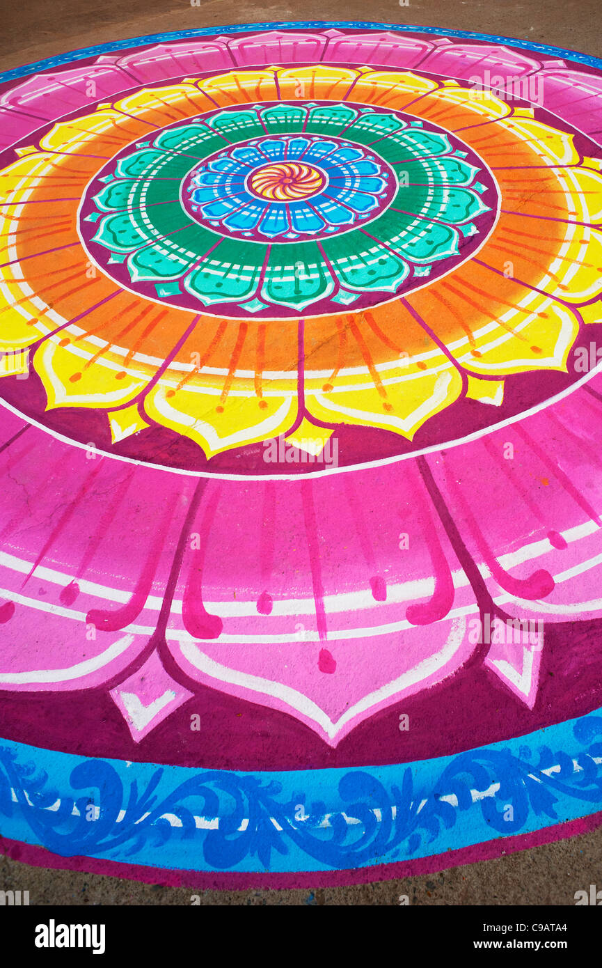 Multicoloured Indian Lotus pattern painted on the streets of ...