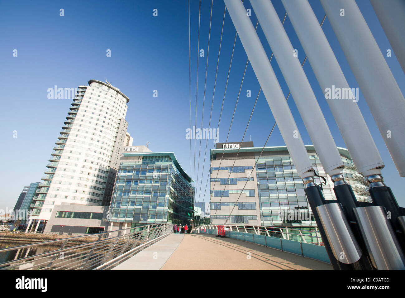 A modern pedestrian suspension bridge over the Manchester ship Canal at ...