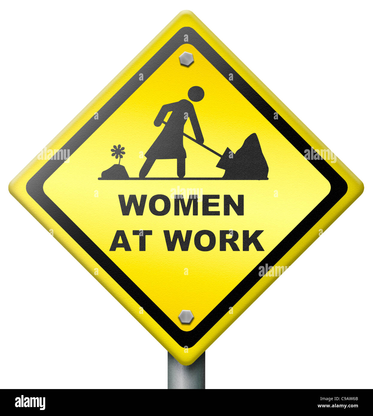 women at work yellow road sign with text and illustration Stock Photo ...