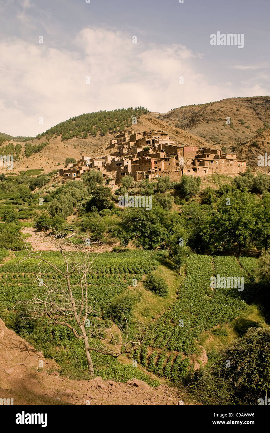 A view of a Berber Village and farm in the Atlas Mountains Marrakech ...
