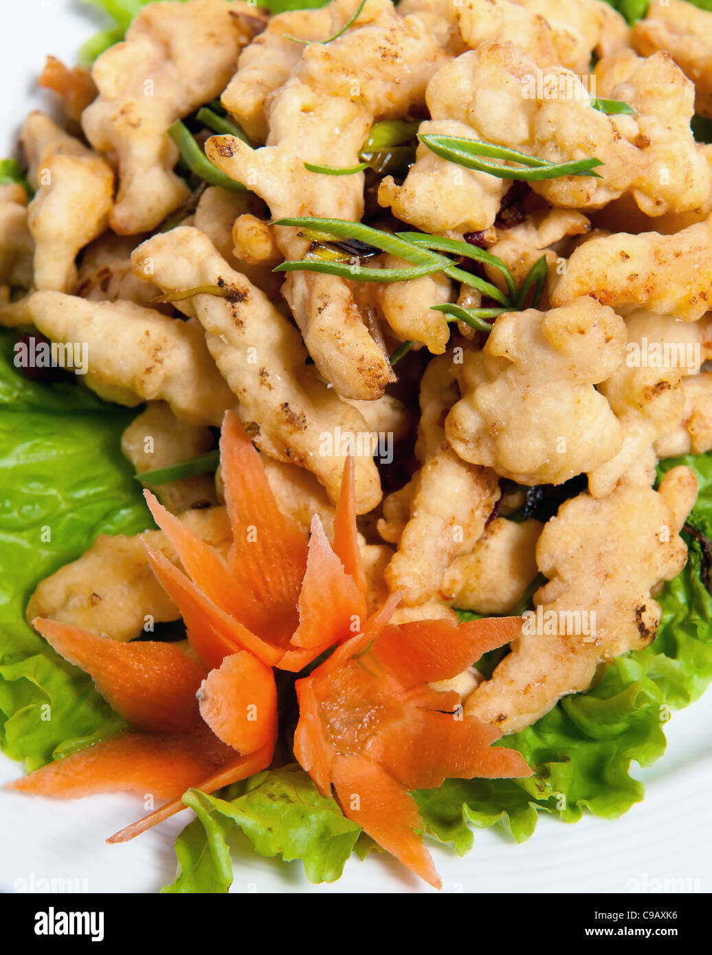 battered chicken on a plate isolated on white Stock Photo - Alamy