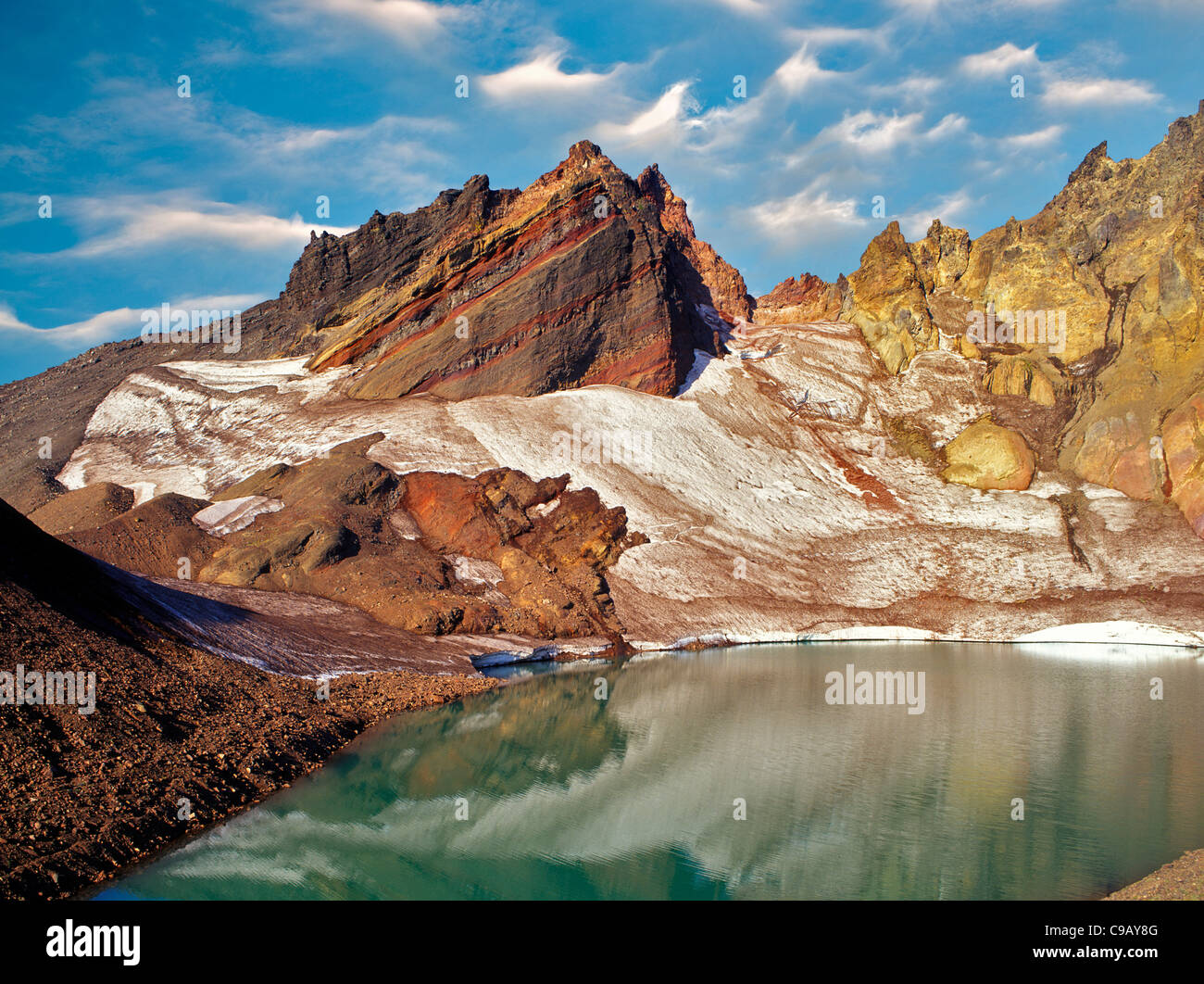 Broken Top Mountain, tarn lake and glacier. Three Sisters Wilderness ...