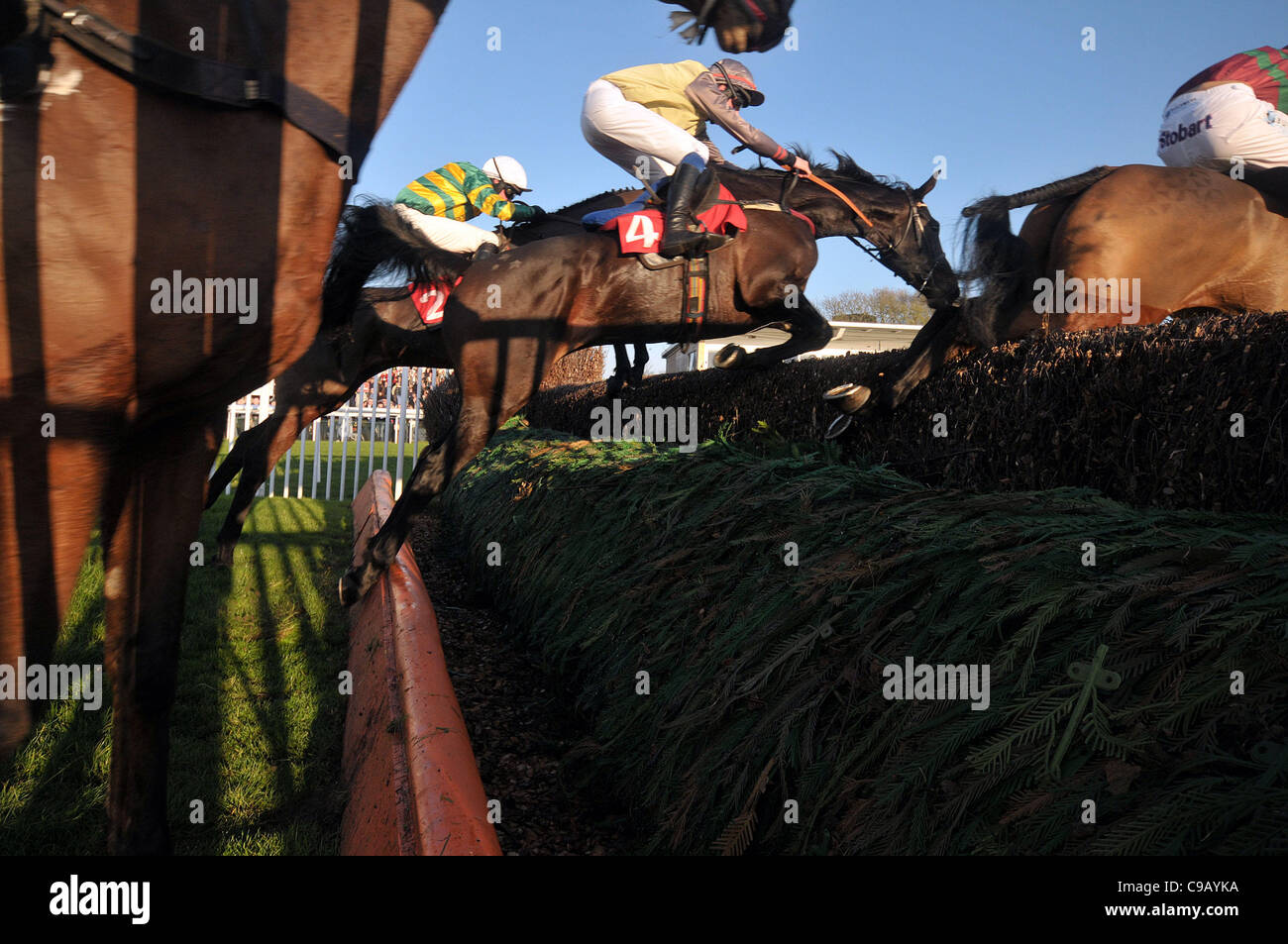 Horses take the open ditch during the totepool Handicap Chase at ...