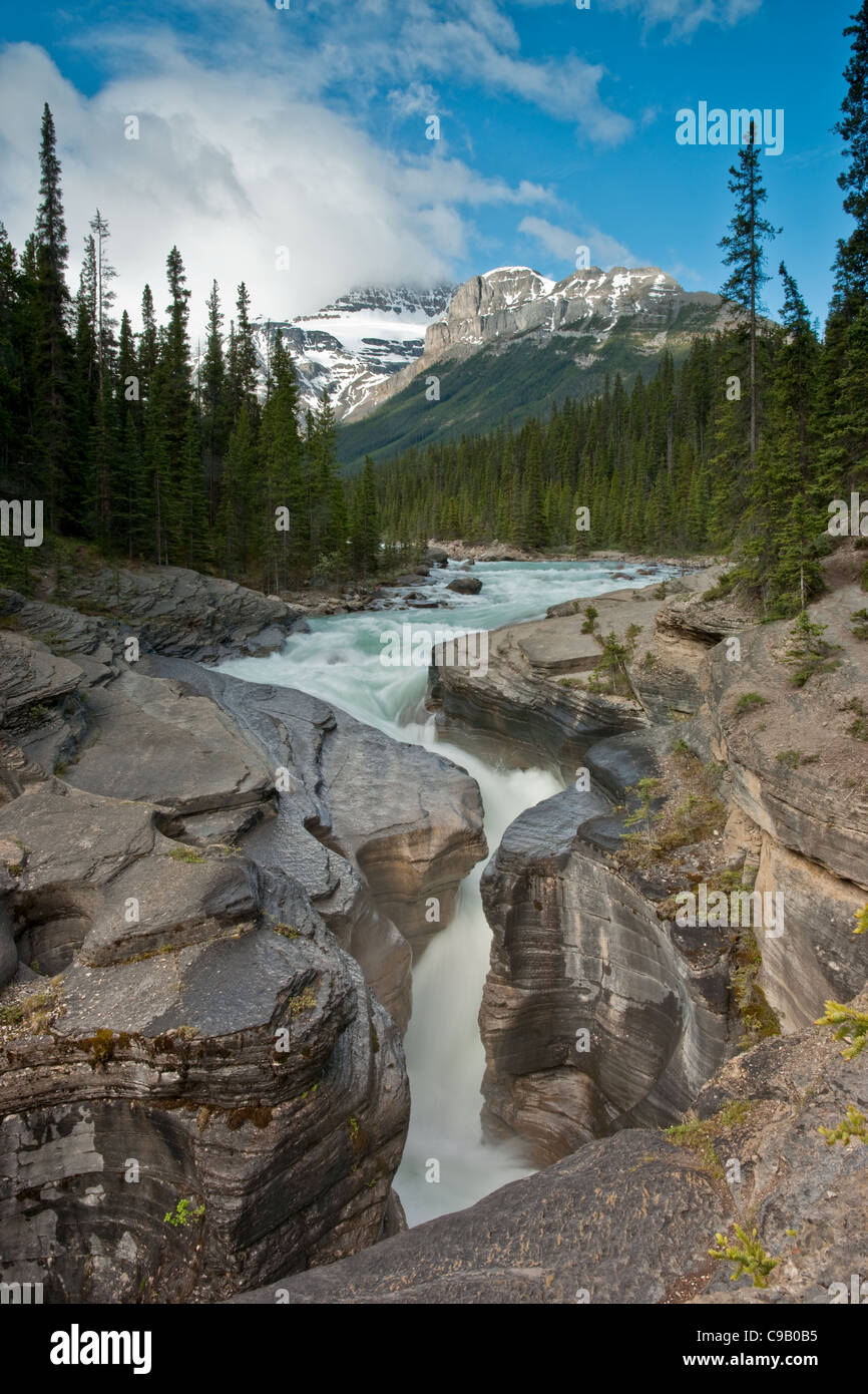A vertical shot of a limestone canyon and waterfall in the mountains ...