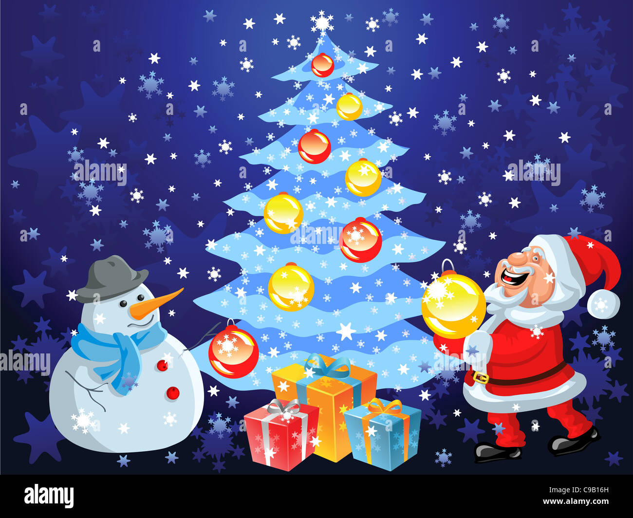 Christmas background with Christmas tree, snowflakes, toys, gifts ...