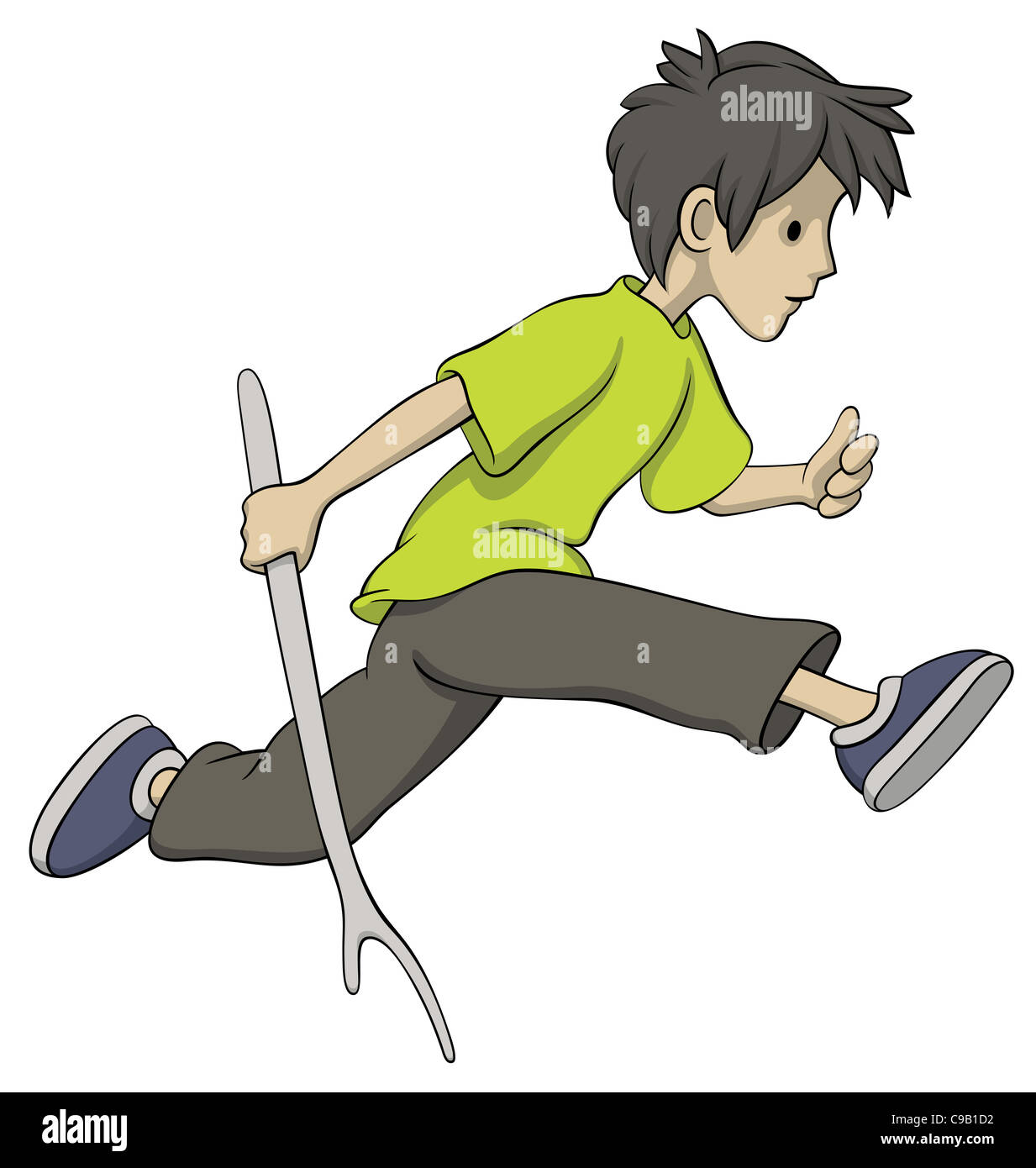 Illustration of running boy with a stick Stock Photo - Alamy