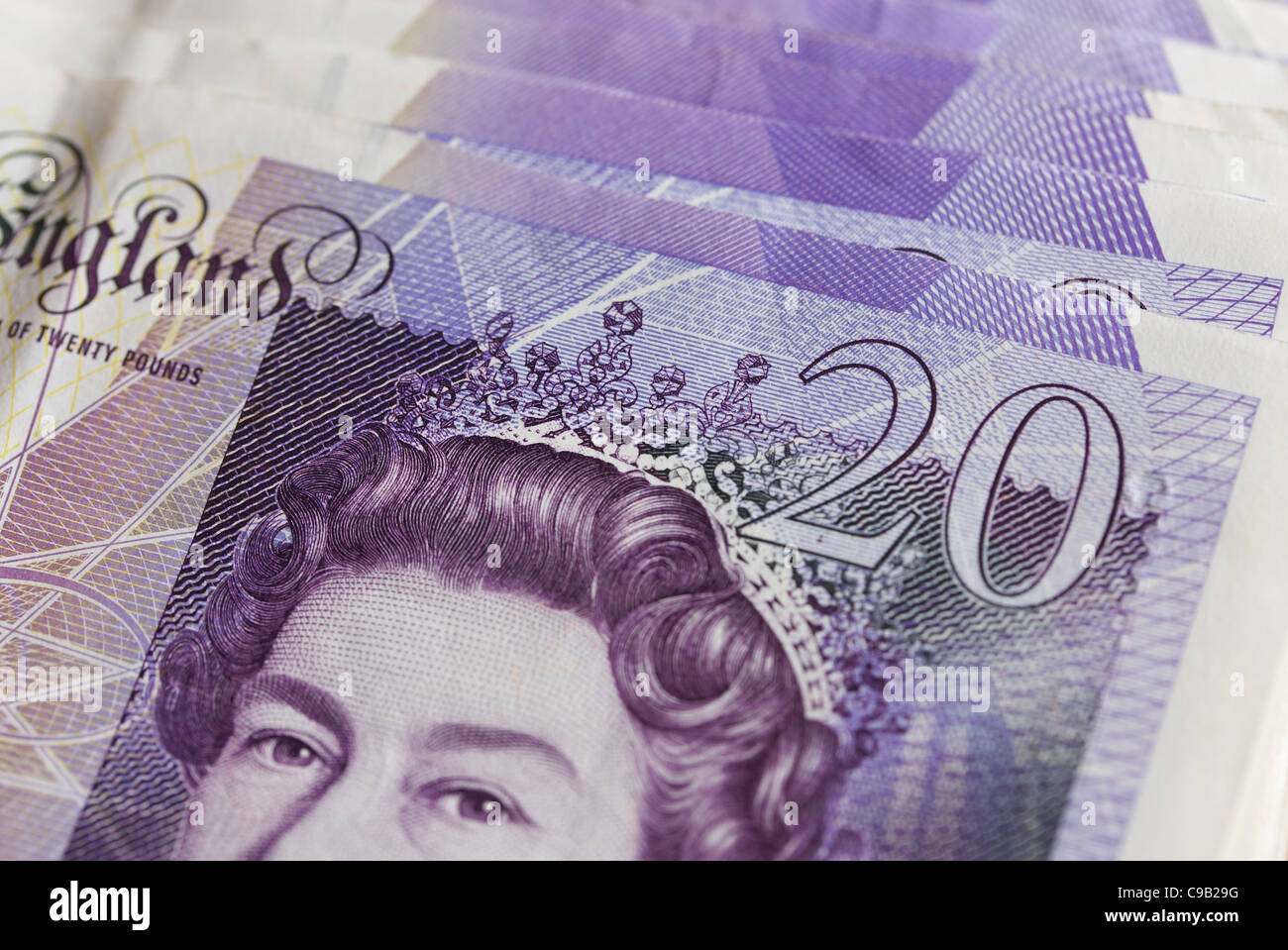 Closeup arrangement of UK twenty pound notes Stock Photo - Alamy