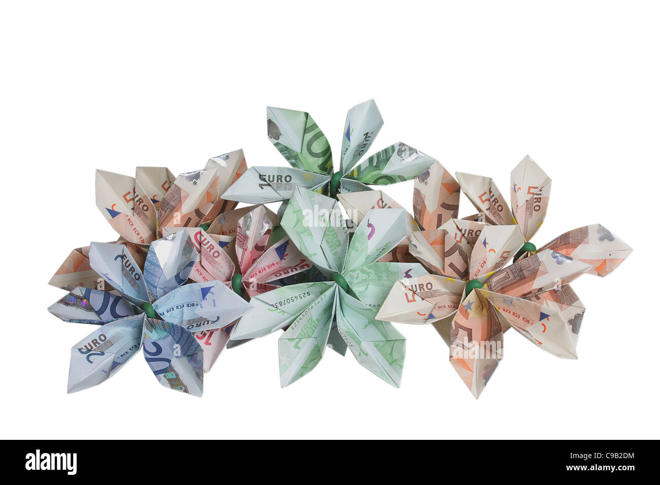 Bouquet of flowers origami made by bills of different values of euro ...