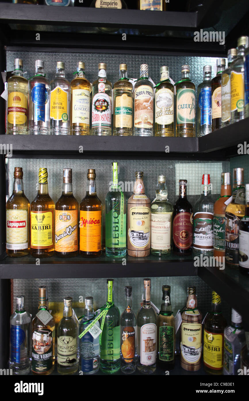 Rows of Cachaça bottles at Academia da Cachaça in Leblon in Rio de ...