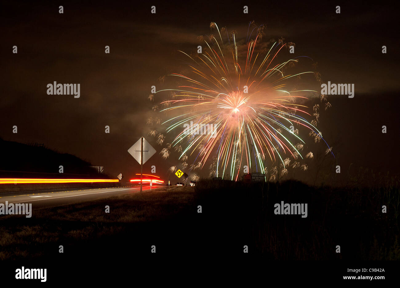 Fireworks over a Roadway Stock Photo - Alamy