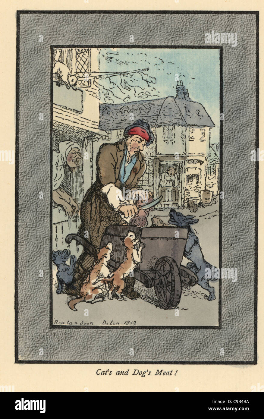 Itinerant butcher carving a joint of meat while dogs and cats attack ...