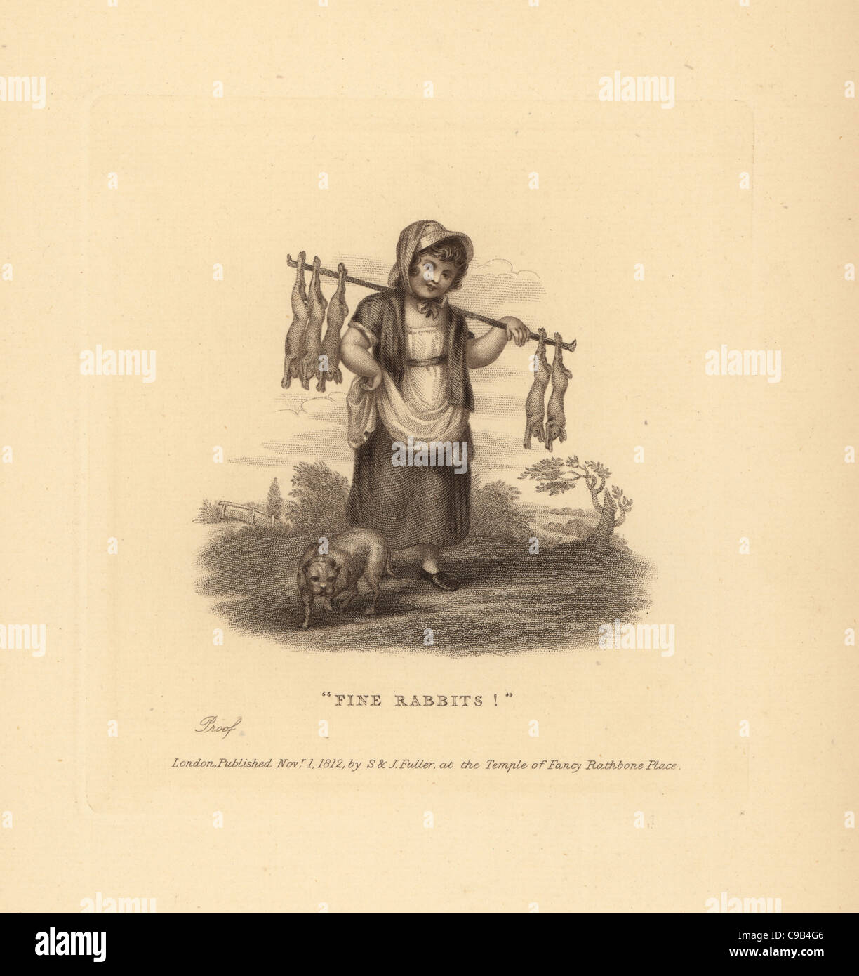 Young girl rabbit seller in bonnet and shawl with five rabbits hanging ...