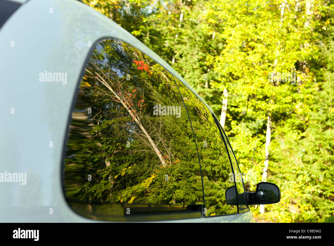 Reflection of an autumn forest in the glass car Stock Photo - Alamy