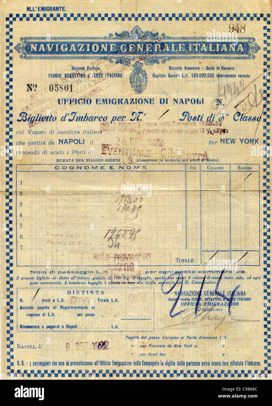Immigration document, Italy 1922 Stock Photo - Alamy