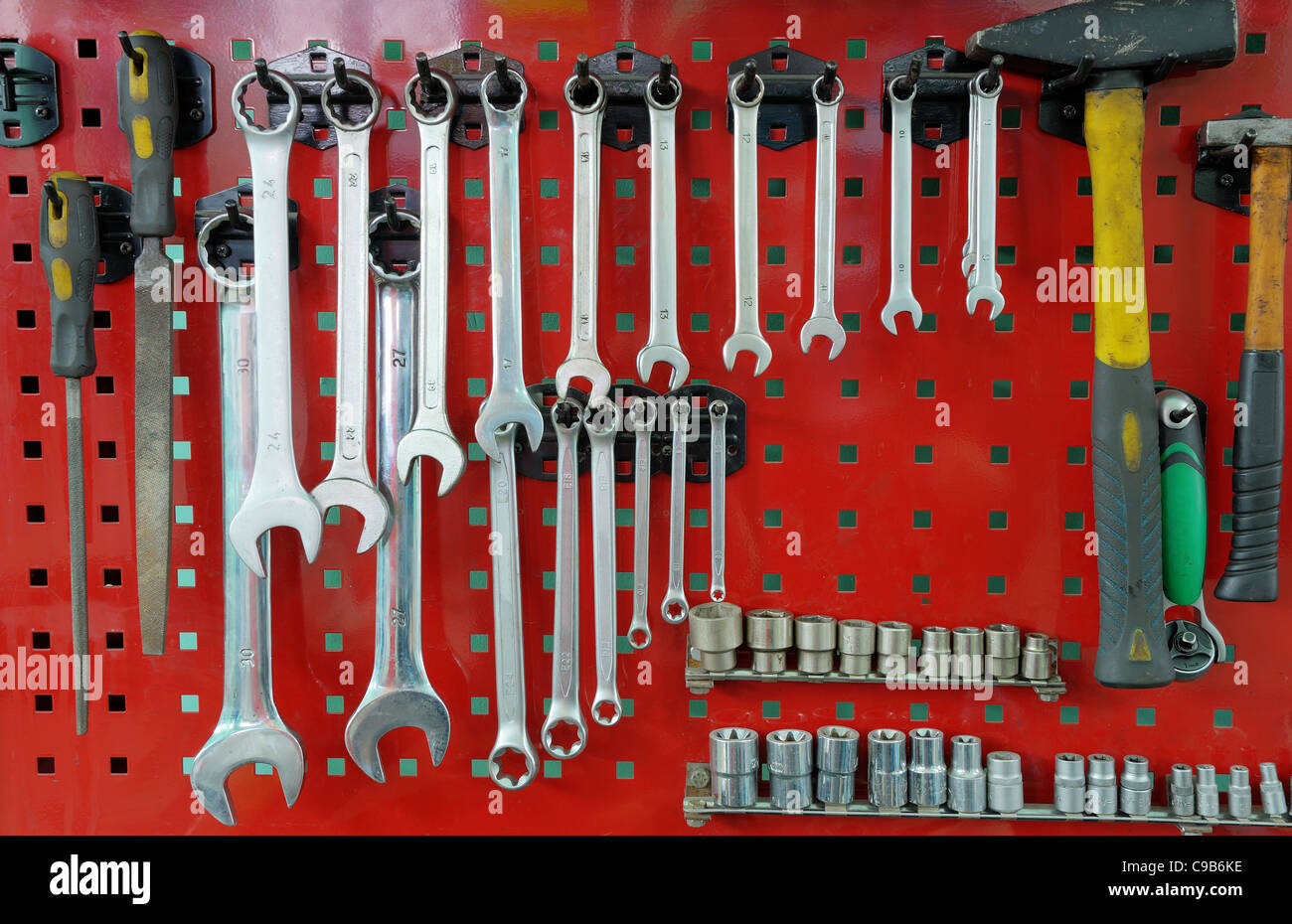 Set of the working tool at the stand. A workplace of the mechanic Stock ...