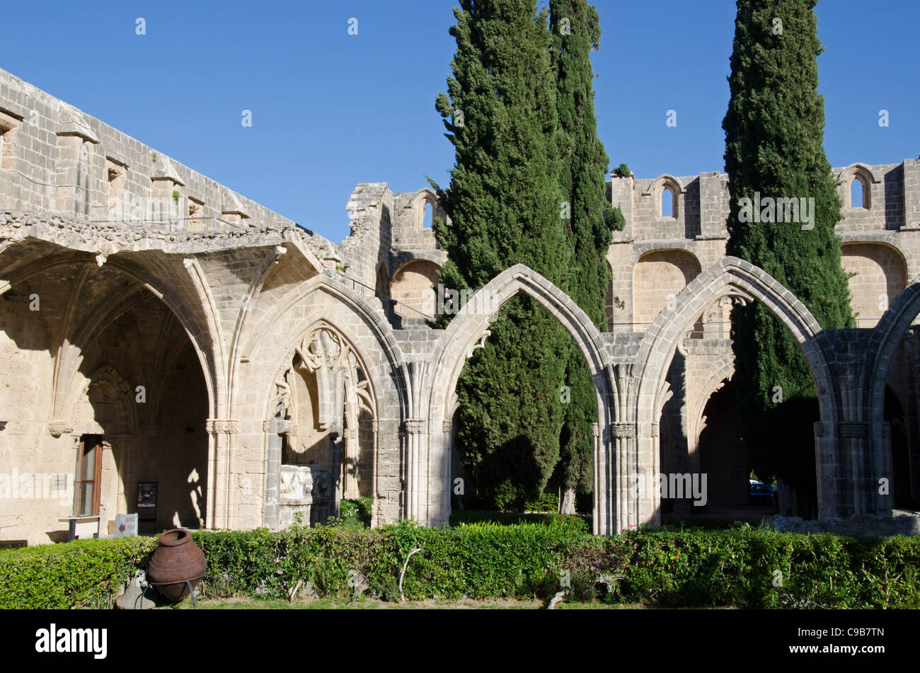 Gothic arches of Bellapais Abbey, Bellapais village, North Cyprus Stock ...