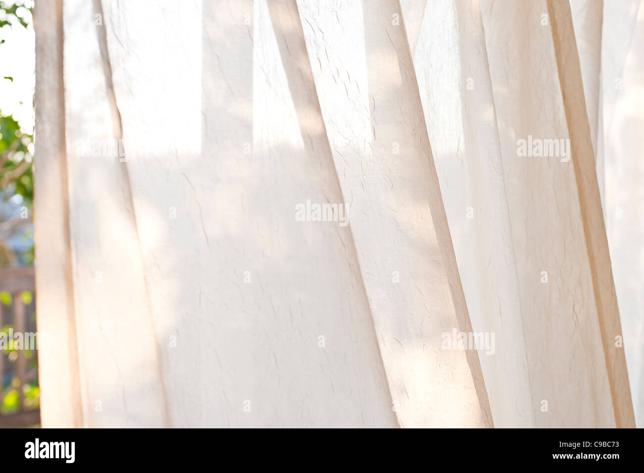 White curtains blocking outside deck with green tree Stock Photo - Alamy