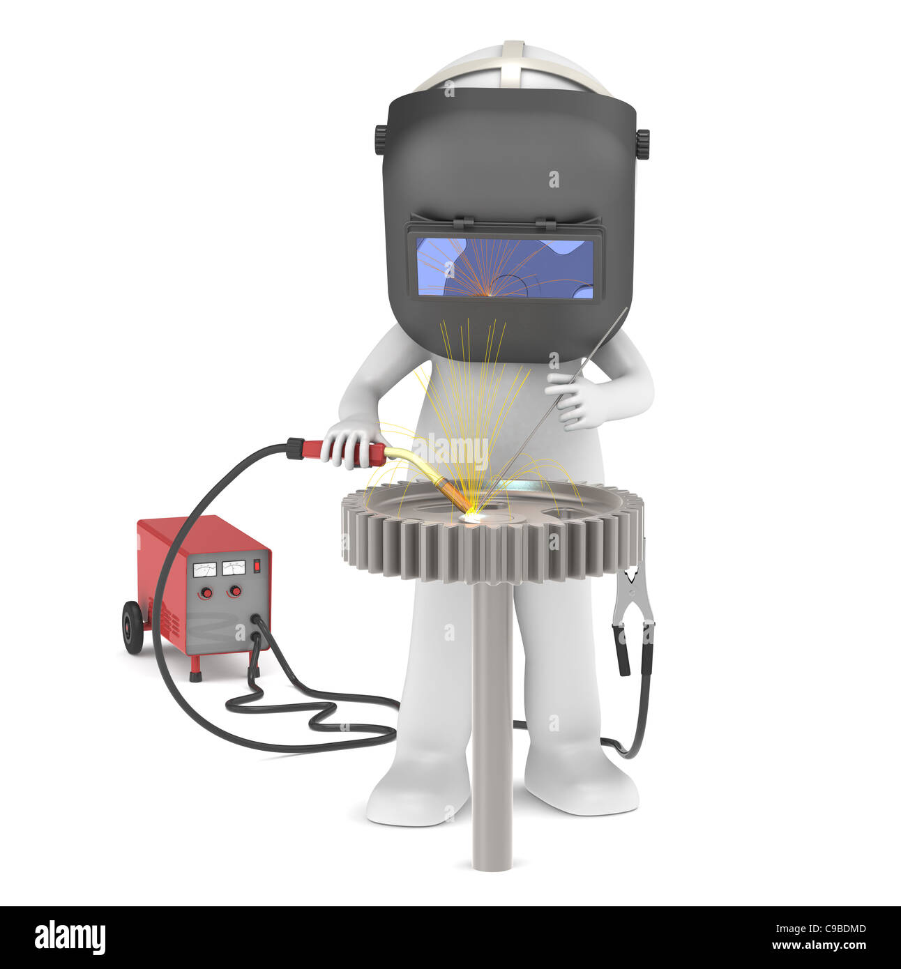 3D little human character The Welder. Welding a cogwheel. Illuminative ...