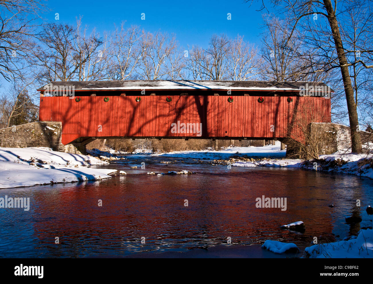 Pool Forge red covered bridge Christmas blue sky and snow wreaths ...