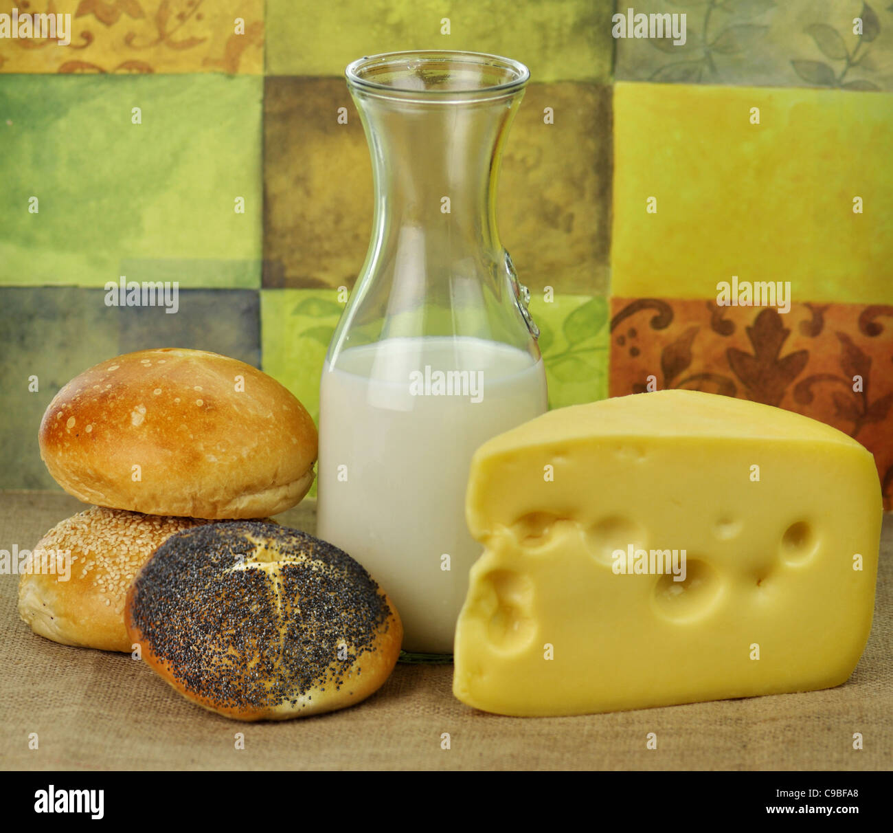 Dairy products arrangement - milk , cheese and bread rolls Stock Photo ...