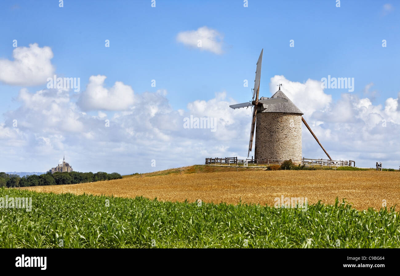 Traditional windmill in the vicinity of Mont Saint Michel monastery in ...