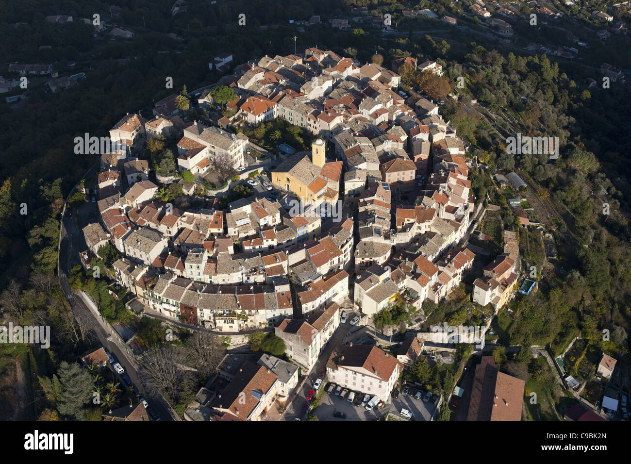 AERIAL VIEW. Perched medieval village of Gattières. French Riviera ...