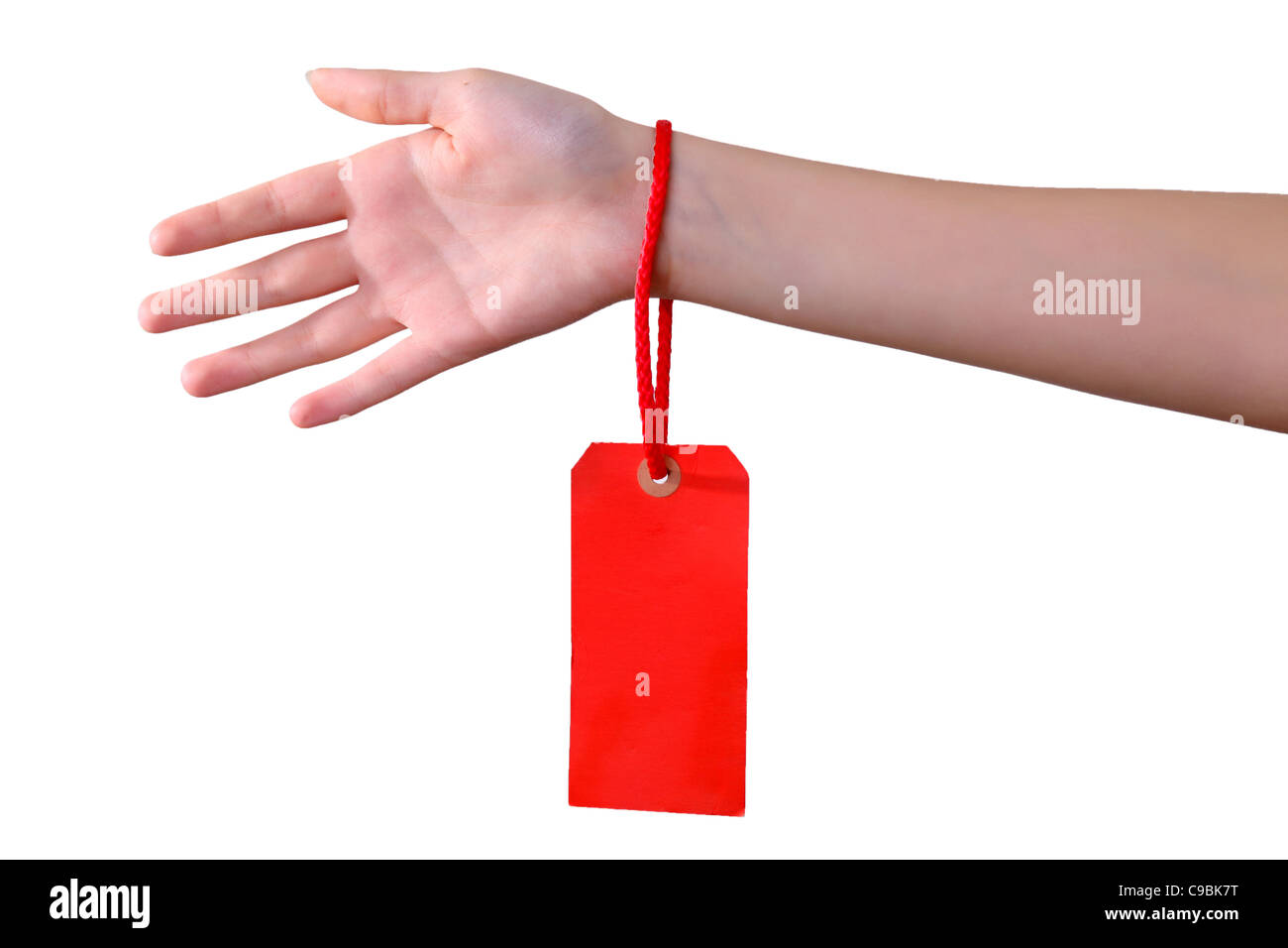 The red label hangs on a hand at the girl Stock Photo - Alamy