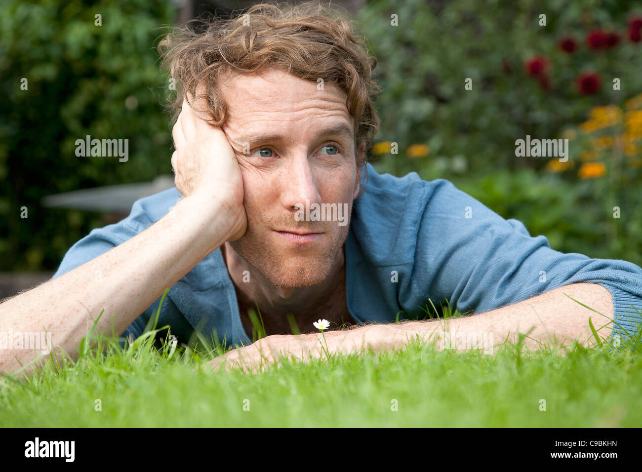 Man thinking while lying on grass in front of daisy Stock Photo - Alamy