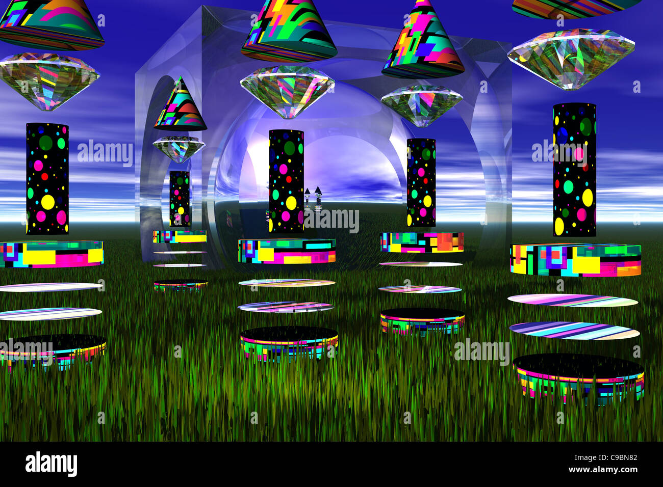 Alien Towers Surround A Reflective Orb Encased In A Crystal Cube Stock ...