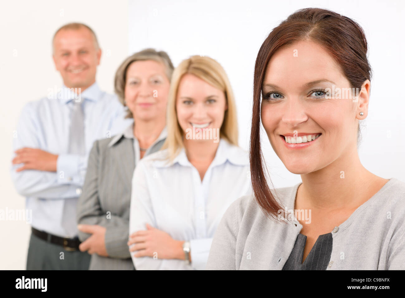 Business team happy attractive woman colleagues standing in line ...