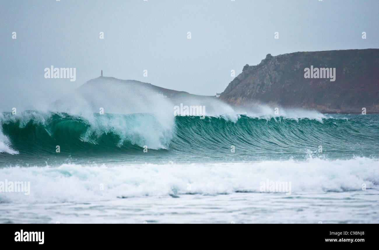 Large waves in Sennen in Cornwall Stock Photo - Alamy