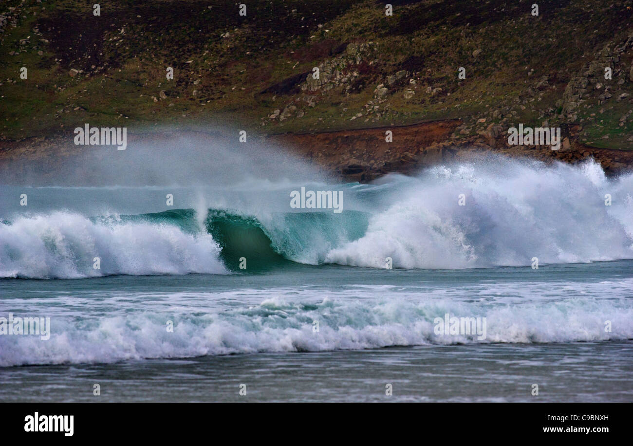 Incoming waves at Sennen in Cornwall Stock Photo - Alamy