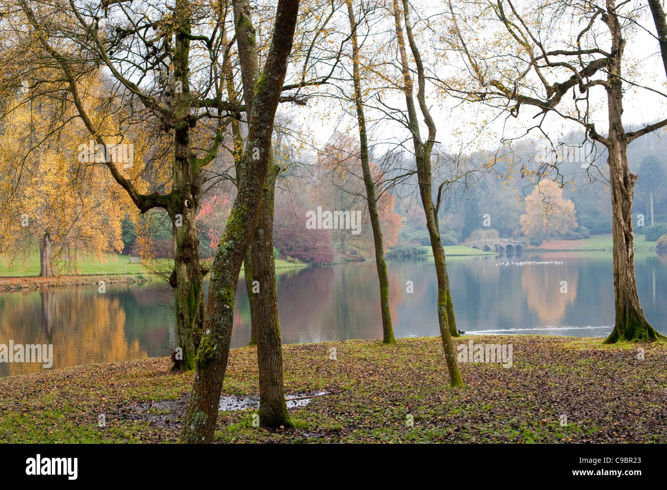 English lake in autumn with reflections of trees in the water Stock ...