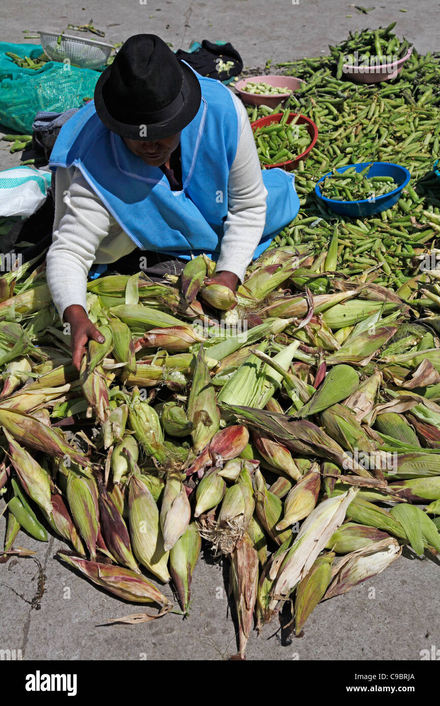 Native Quechua woman selling maize in a market place in Ecuador ,South ...