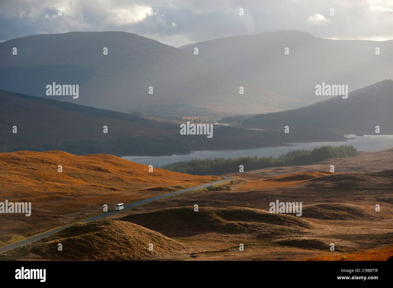 Rannoch Moor in Perth and Kinross, Scotland. Cars and lorries travel ...